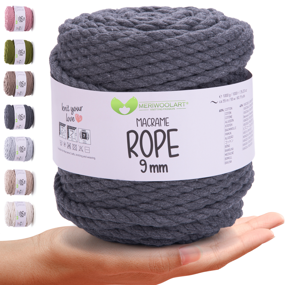 Graphite MACRAMÉ ROPE 9MM 55M – MeriWoolArt